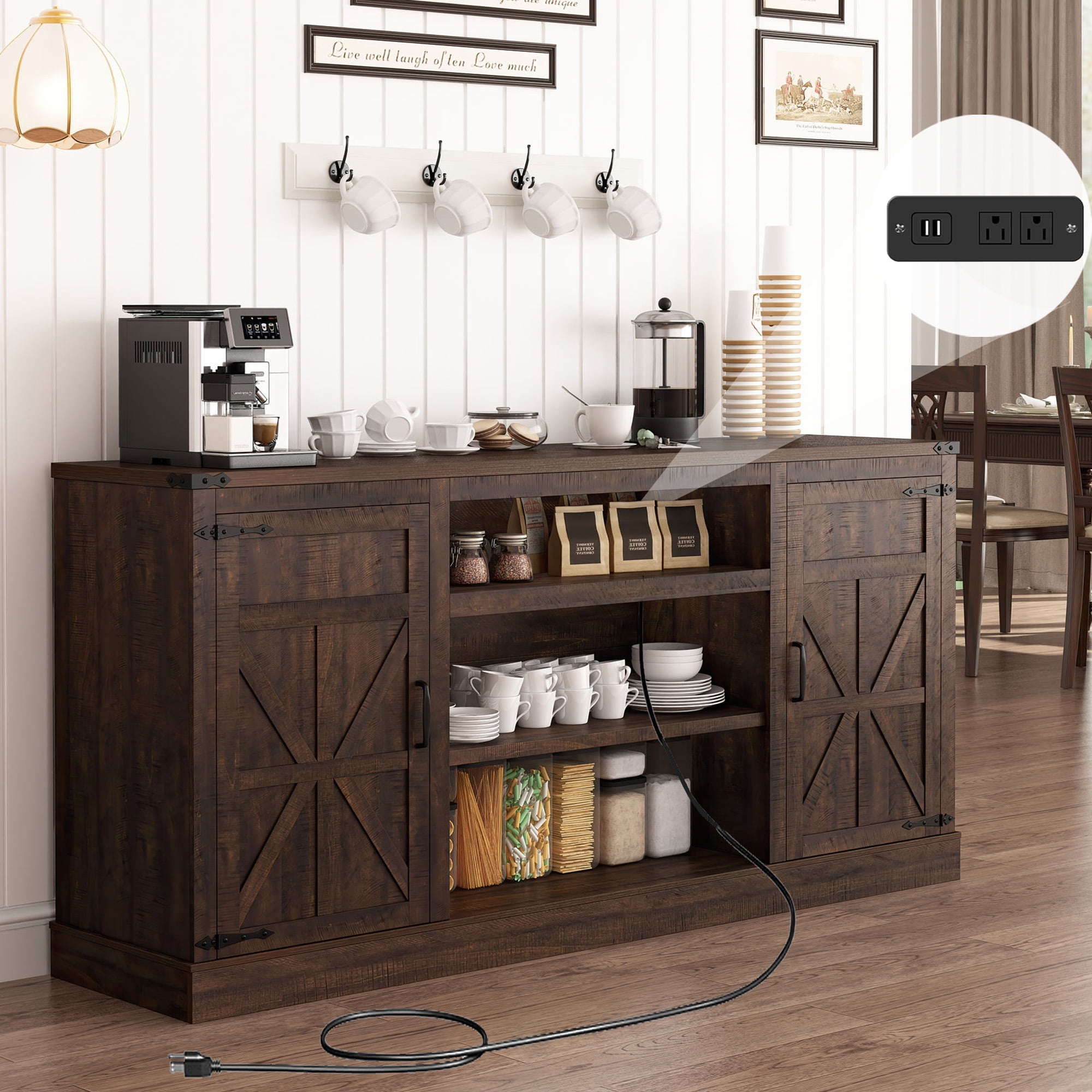 Farmhouse Coffee Bar Cabinet with Outlet USB Charging, 66'' Large ...