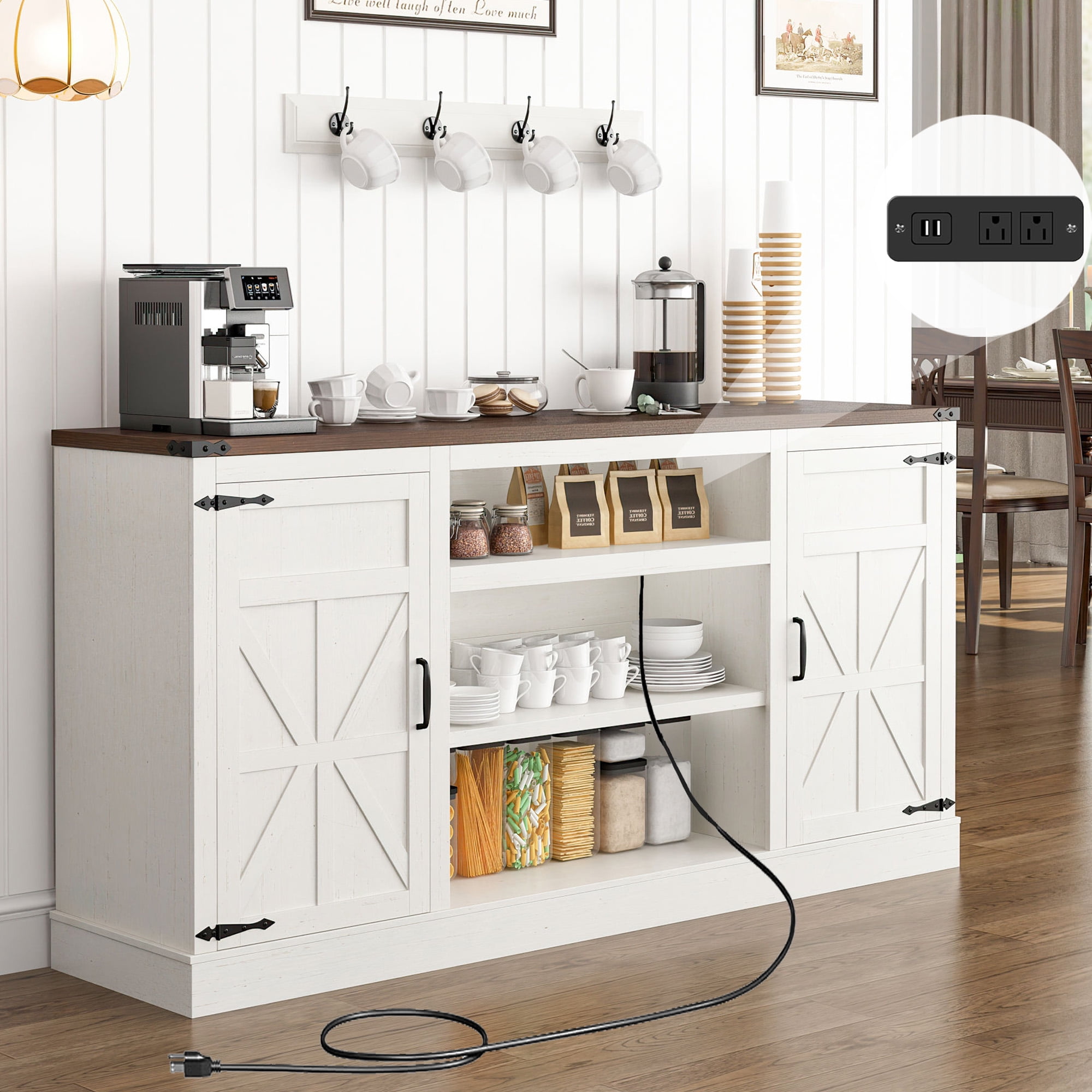 Farmhouse Coffee Bar Cabinet with Outlet USB Charging, 66'' Large ...