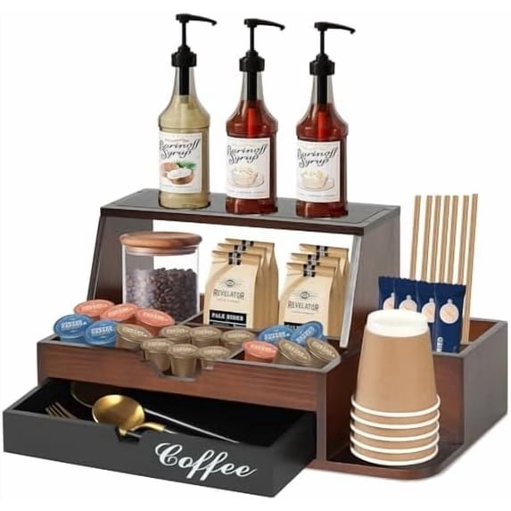 Farmhouse Coffee Bar Organizer, Wood Countertop With Drawer, Coffee ...