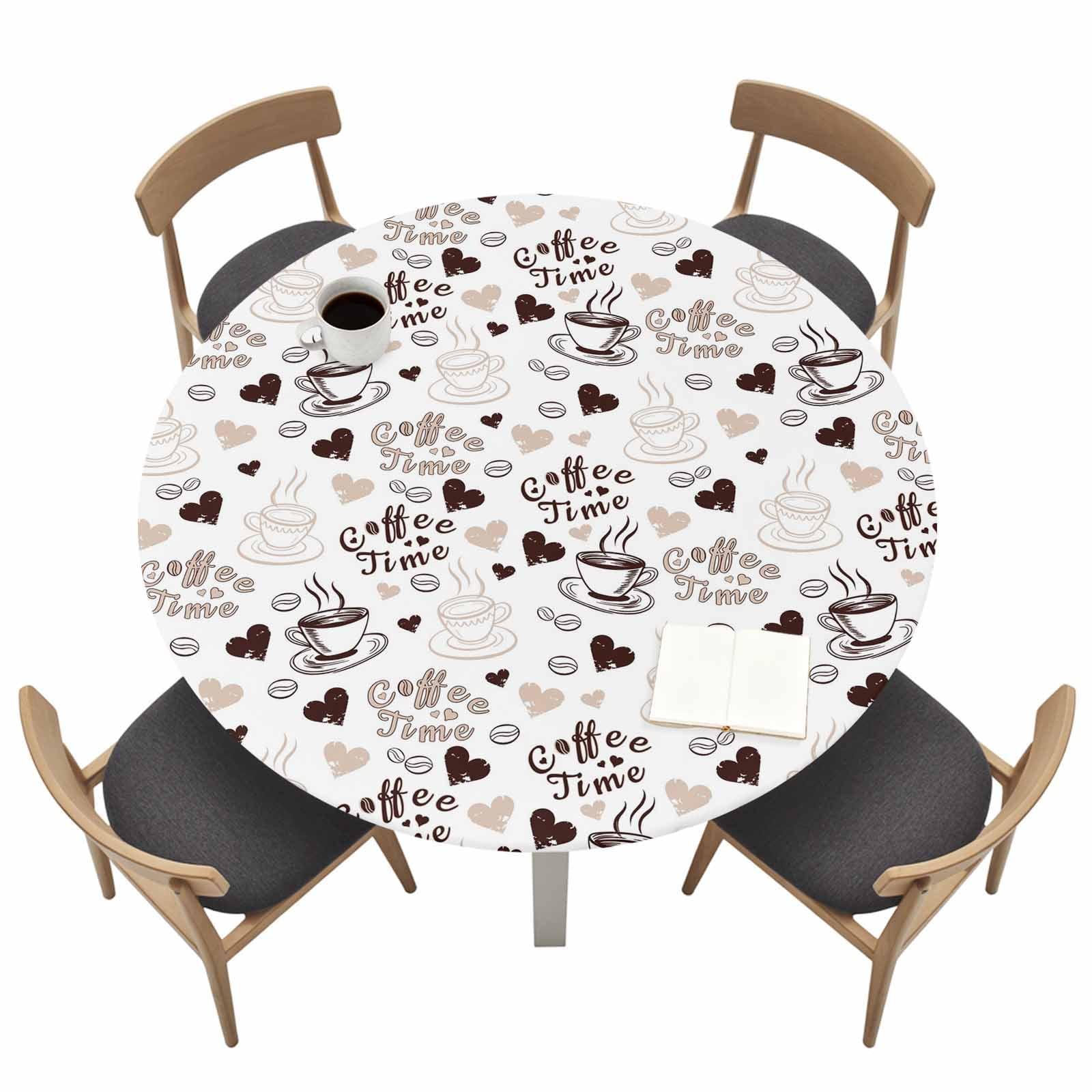 Farmhouse Coffee Cup Fitted Tablecloth with Elastic Edged, Round Table ...