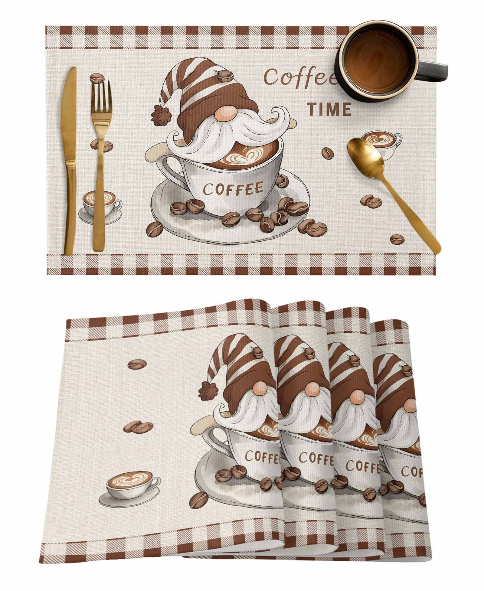 Farmhouse Coffee Placemats Set of 2 Time Gnome Beans Brown Plaid ...