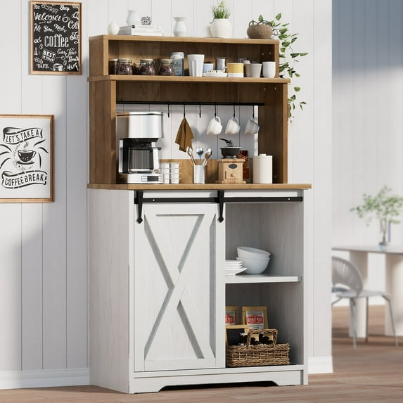 Farmhouse Coffee Station with 3 Tier Storage Hutch & 6 Hooks - 56 Inch ...