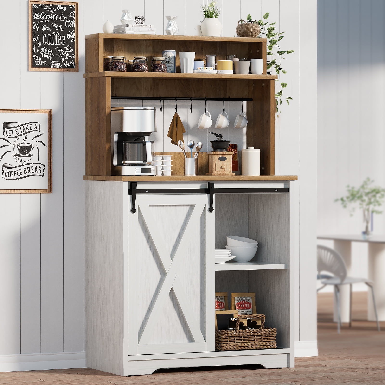 Farmhouse Coffee Station with 3 Tier Storage Hutch & 6 Hooks - 56 Inch ...