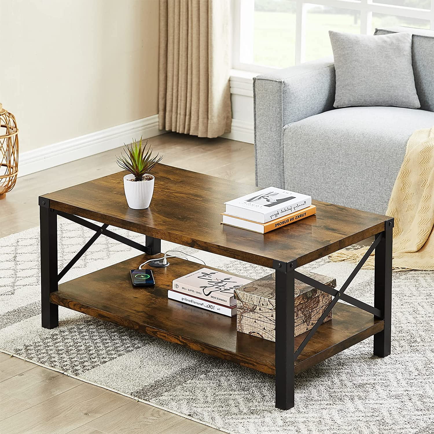 Farmhouse Coffee Table, 2-Tier Center Table for Living Room, Industrial ...