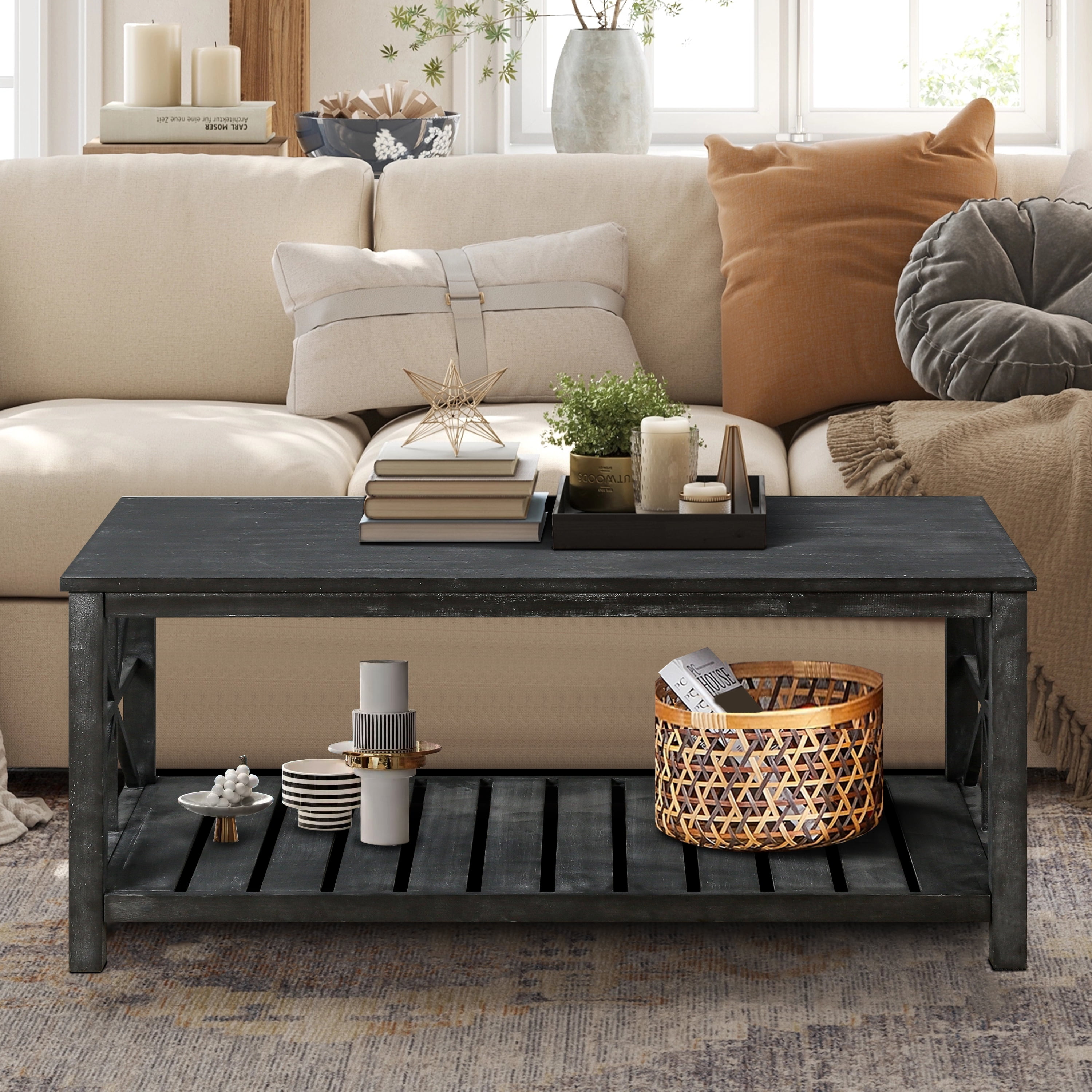Farmhouse Coffee Table, 2-Tier Rustic Rectangular Center Table, Modern ...