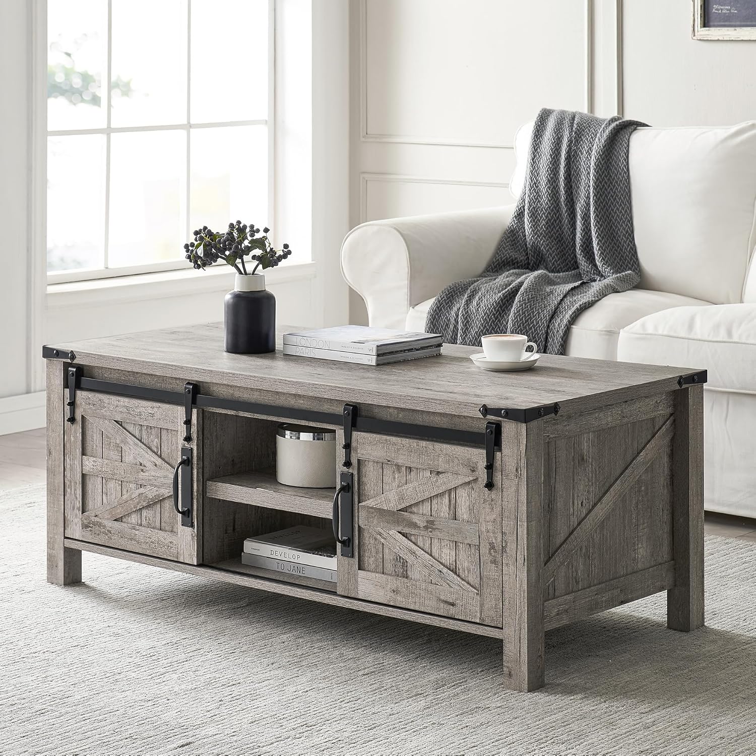Farmhouse Coffee Table, 48" Storage Center Table with Sliding Barn ...