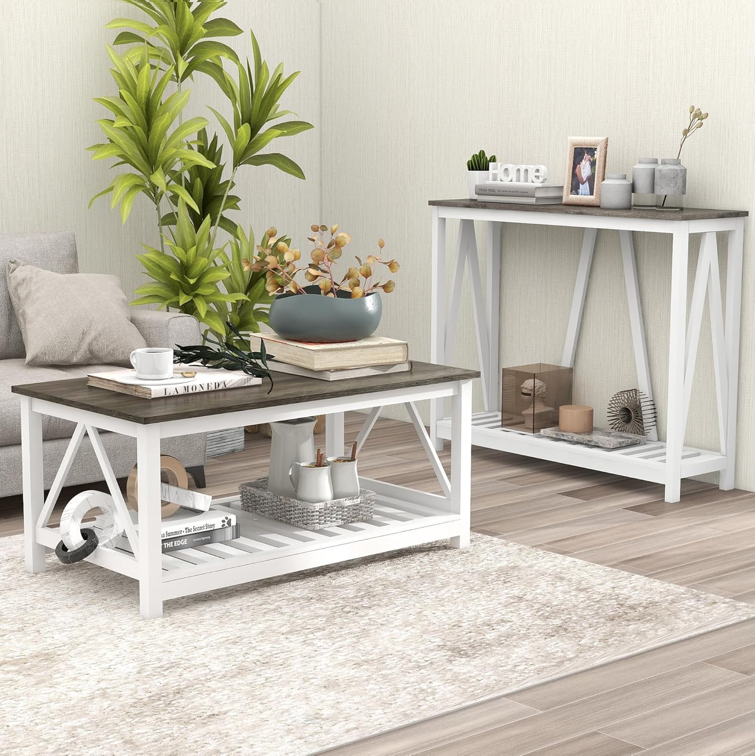 Farmhouse Coffee Table & Console Table Set of 2, 2-Tier Wooden Living ...