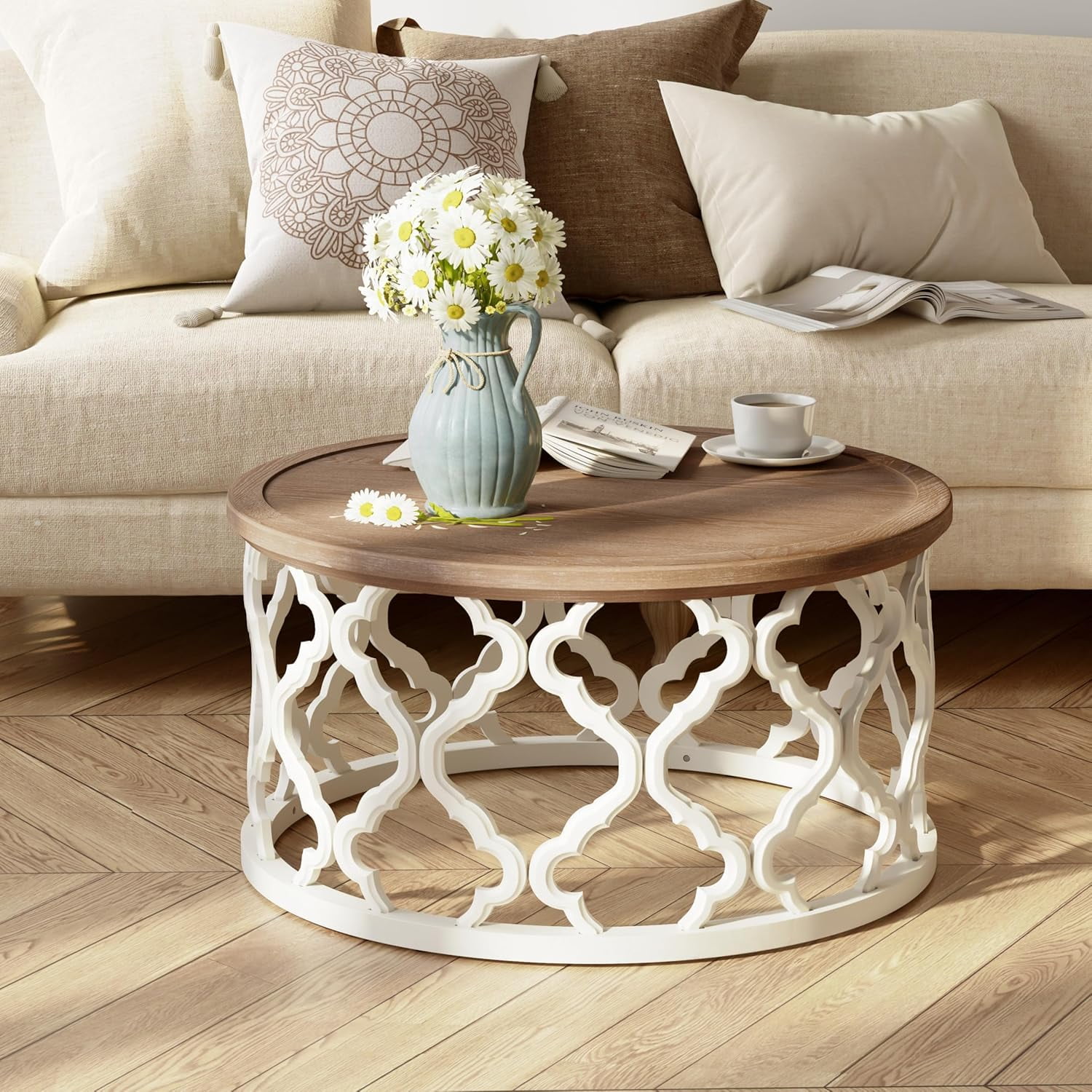 Farmhouse Coffee Table, Distressed Tray Top Table with Curved Motif ...