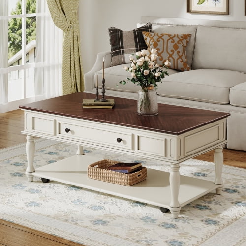 Farmhouse Coffee Table with Drawer, Retro Movable Center Table ...