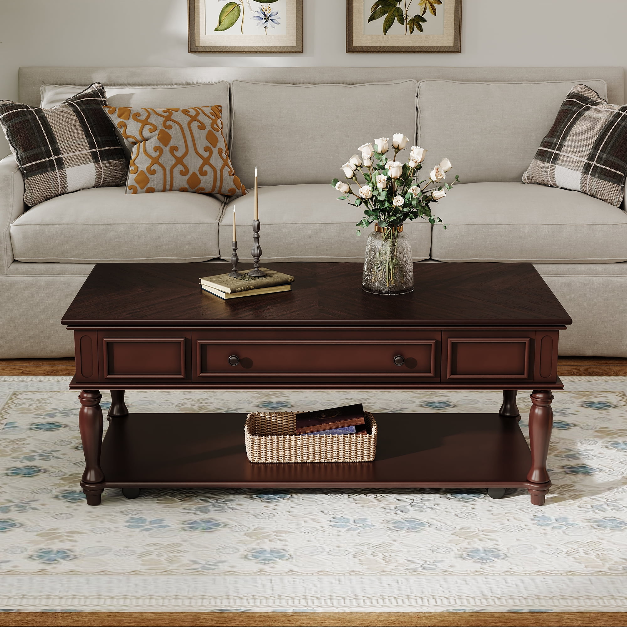 Farmhouse Coffee Table with Drawer, Retro Movable Cocktail Table with ...