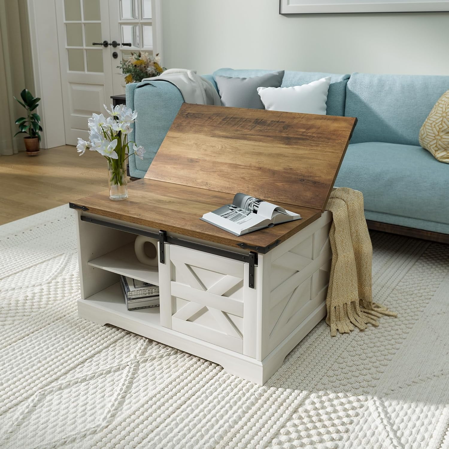 Farmhouse Coffee Table with Flip-Top Lid Rustic Wood Storage Center ...