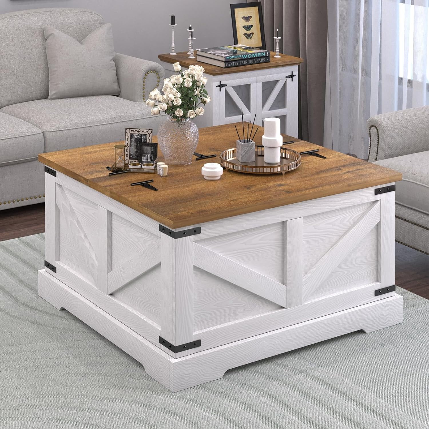 Farmhouse Coffee Table with Hidden Storage Compartment, White Square ...