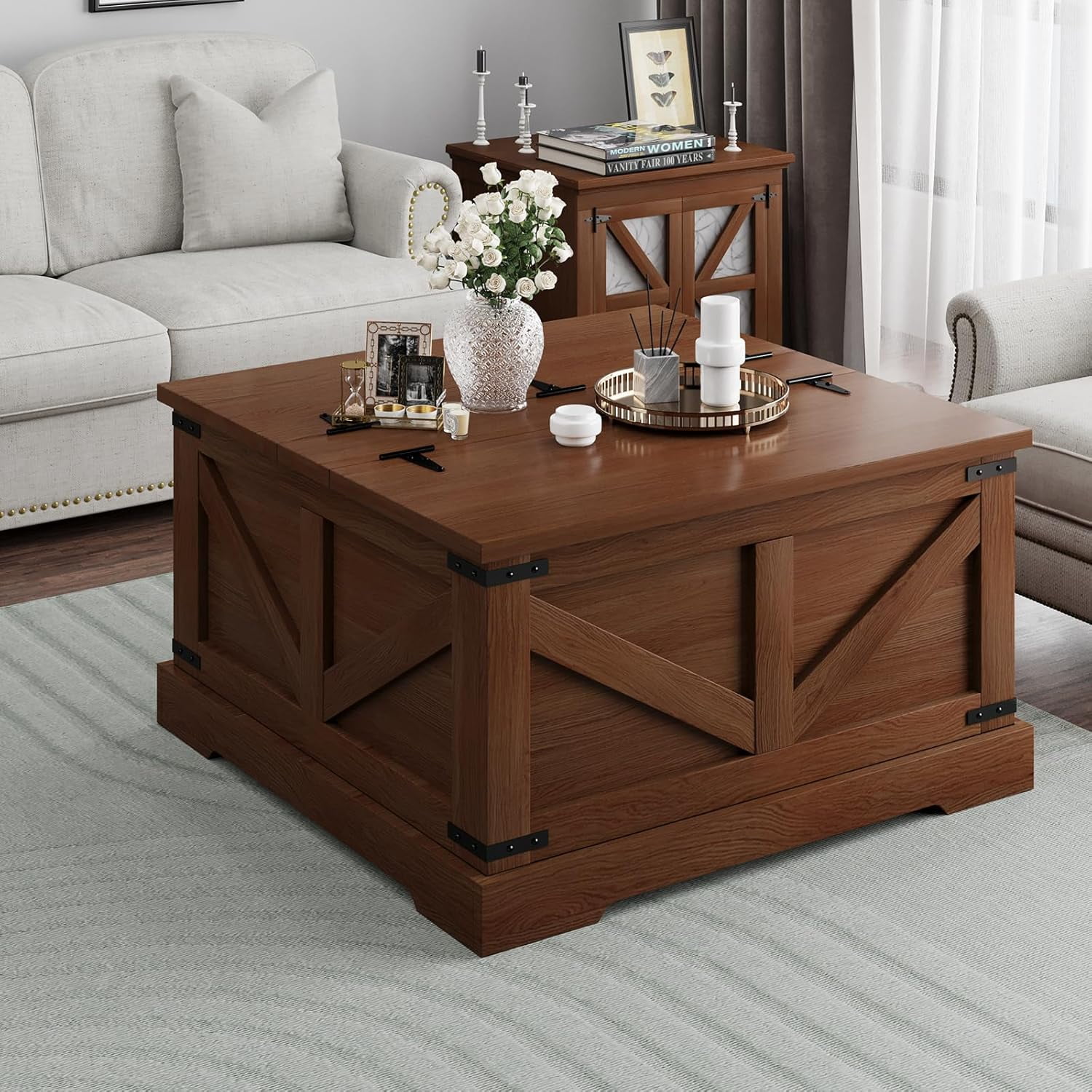 Farmhouse Coffee Table with Hidden Storage Compartment, White Square ...