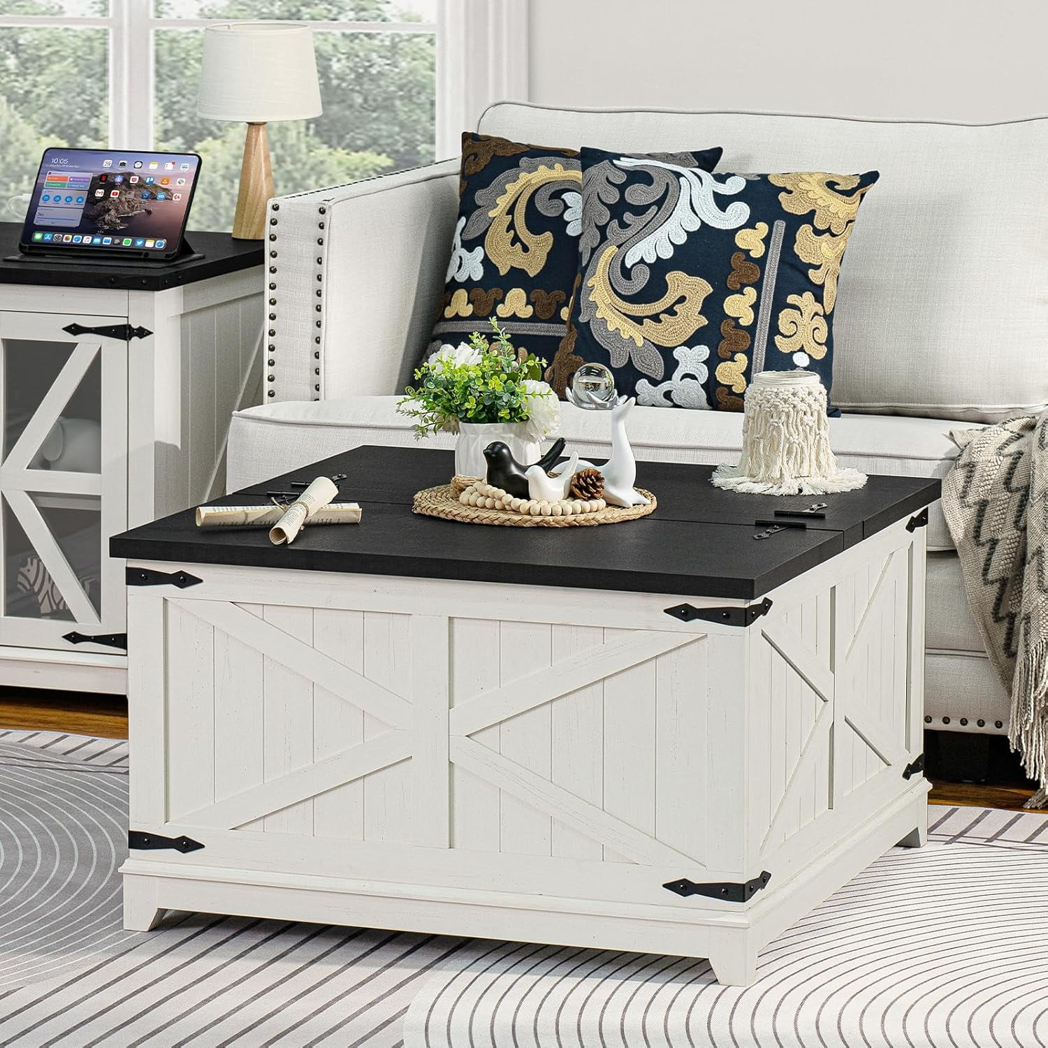Farmhouse Coffee Table with Hidden Storage Organizer, Modern Square ...