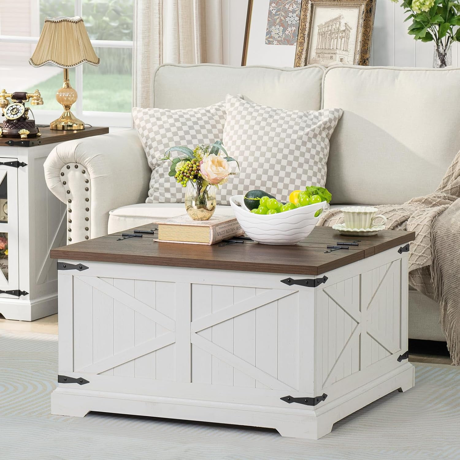 Farmhouse Coffee Table with Hidden Storage Organizer, Modern Square ...