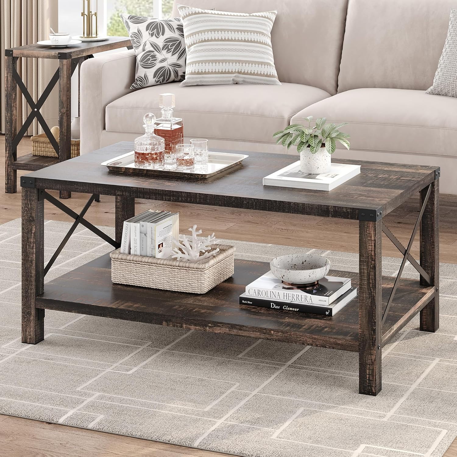 Farmhouse Coffee Table Living Room Rectangle Coffee Table 2-Tier ...