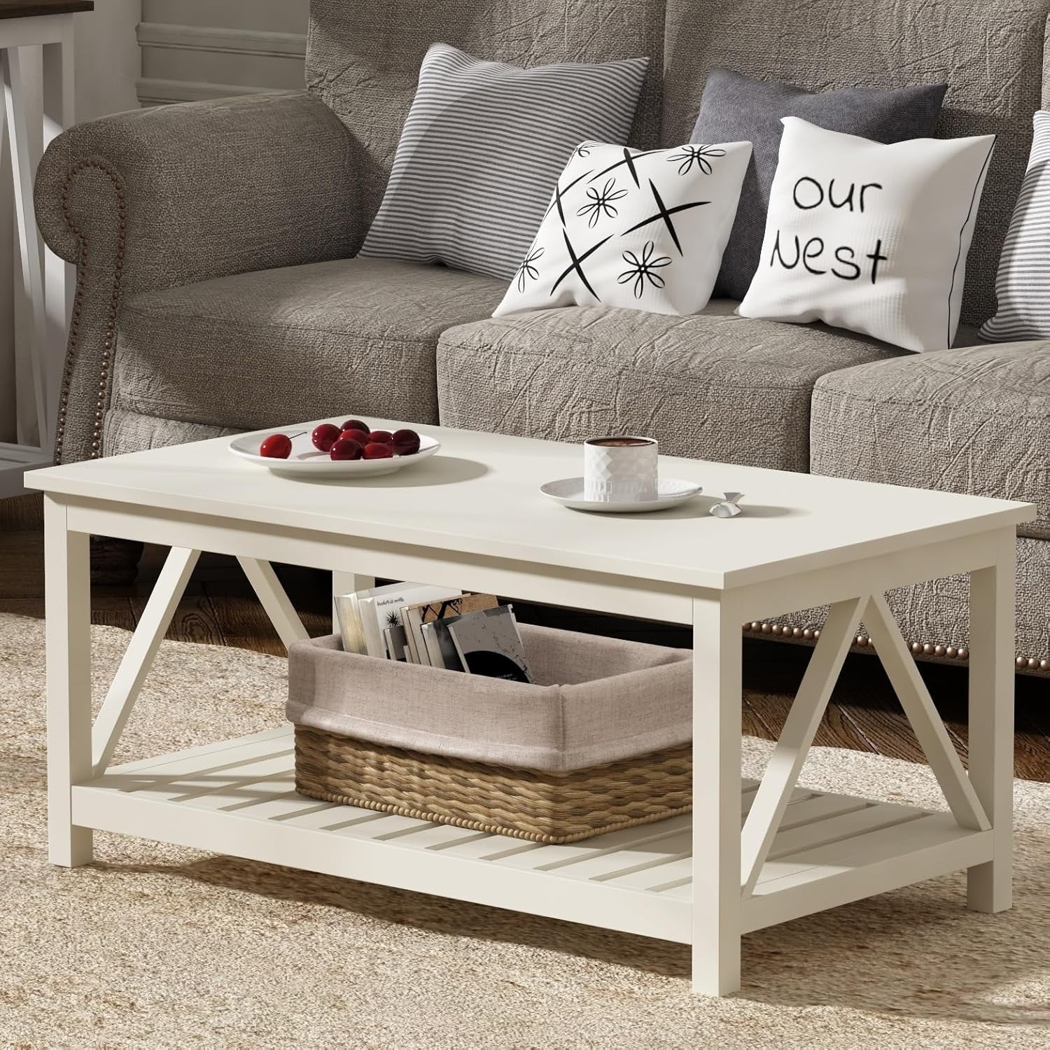 Farmhouse Coffee Table, Rustic Vintage Living Room Table with Shelf, 40 ...