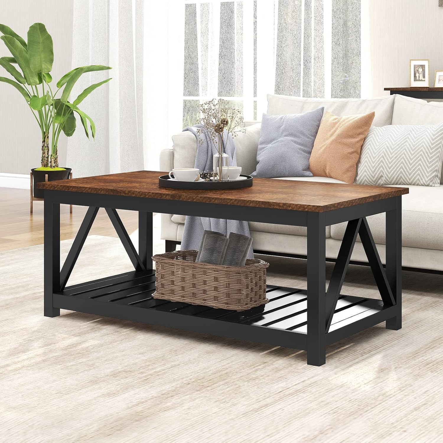 Farmhouse Coffee Table, Rustic Vintage Living Room Table with Shelf, 40 White - Walmart.com
