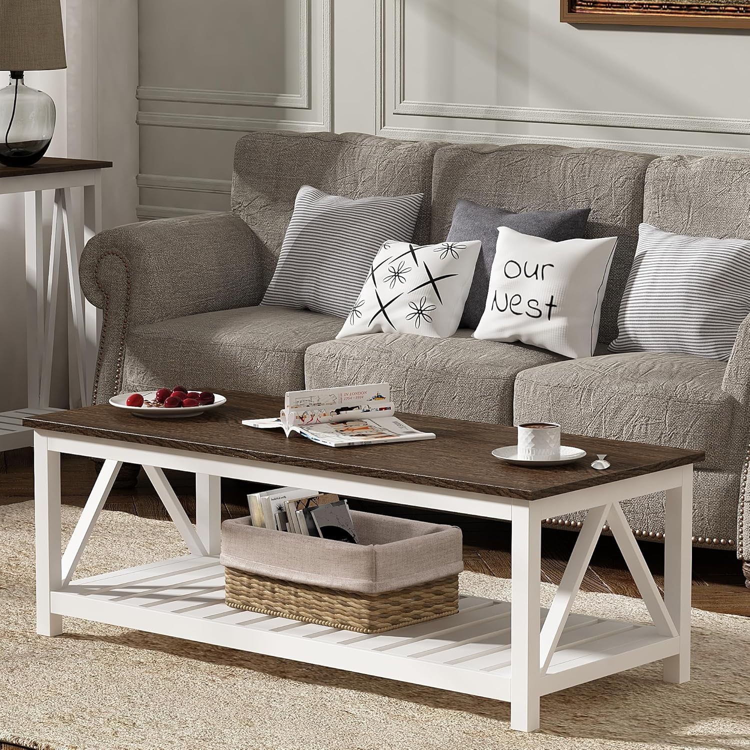 Farmhouse Coffee Table, Rustic Vintage Living Room Table with Shelf, 47 ...