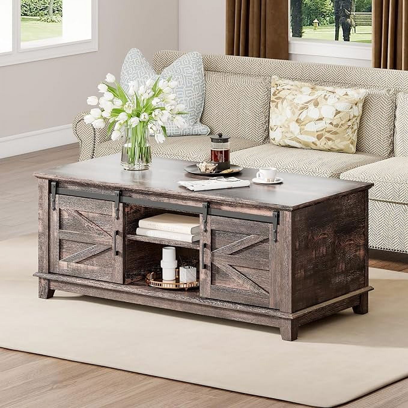 Farmhouse Coffee Table with Sliding Barn Doors, 48'' Living Room Table ...