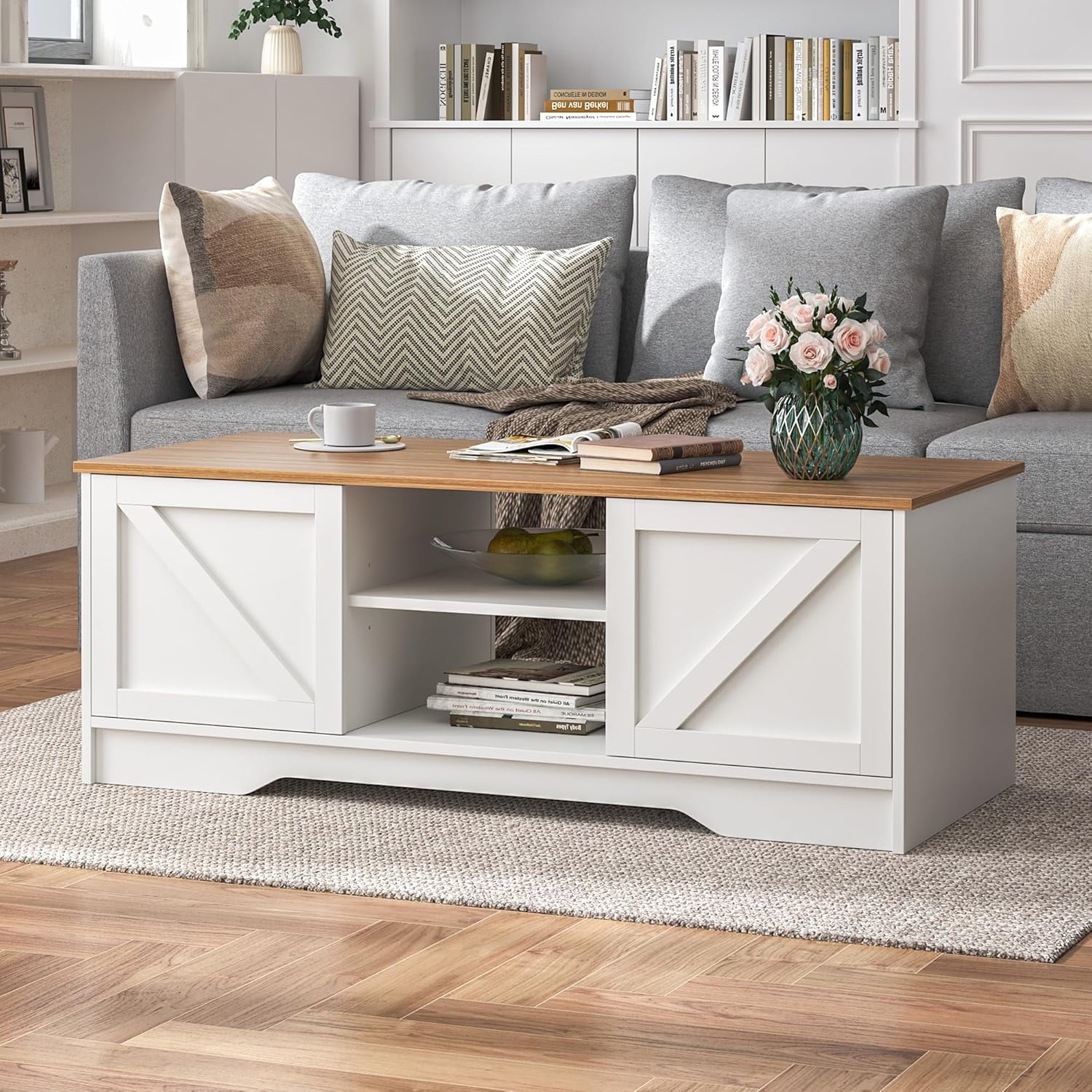 Farmhouse Coffee Table with Sliding Doors 47 in Rustic Coffee Table ...