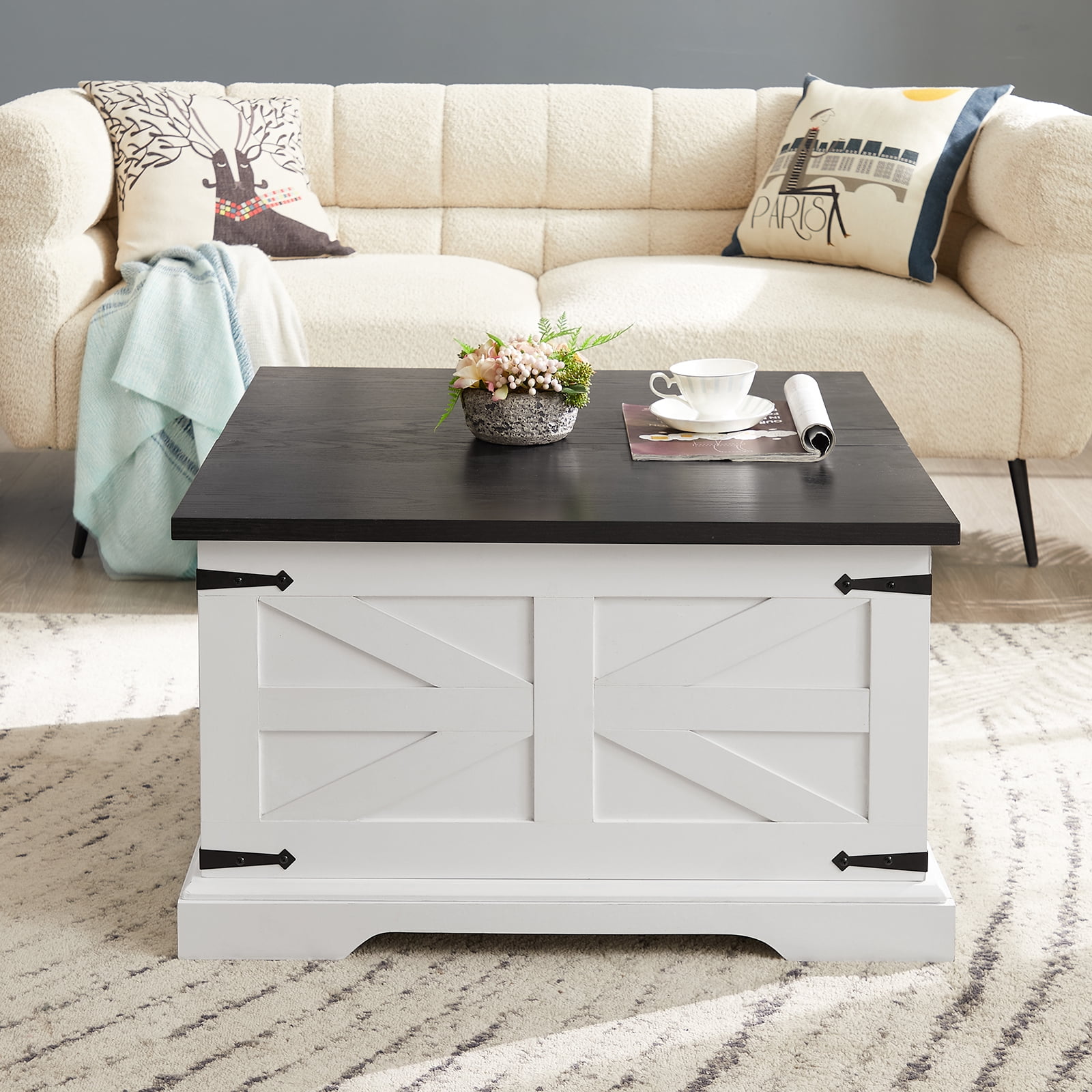 Farmhouse Coffee Table, Square Wood Center Table with Large Hidden ...