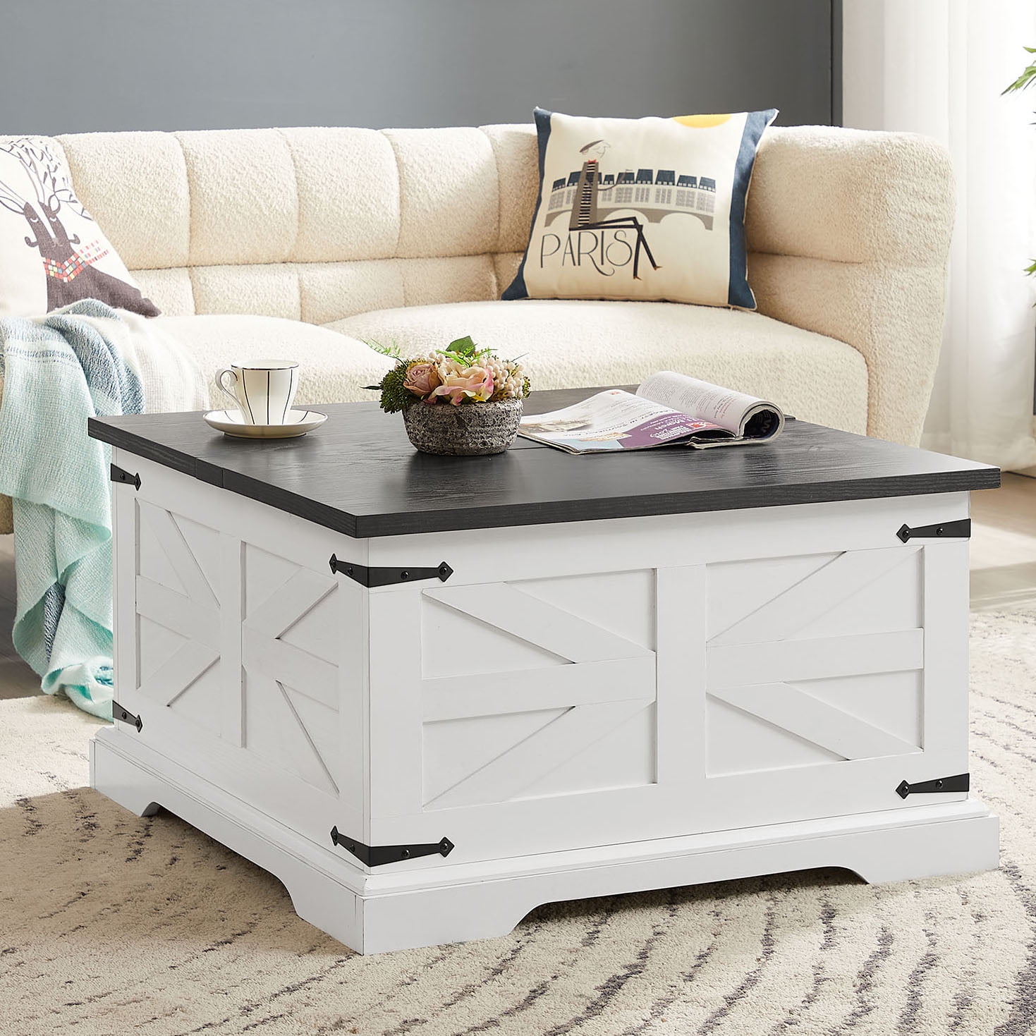 Farmhouse Coffee Table, Square Wood Table with Large Hidden Storage ...