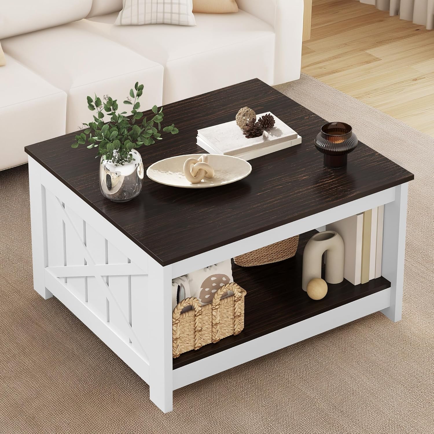 Farmhouse Coffee Table with Storage, 2 Tiers Rustic Wood Cocktail Table ...