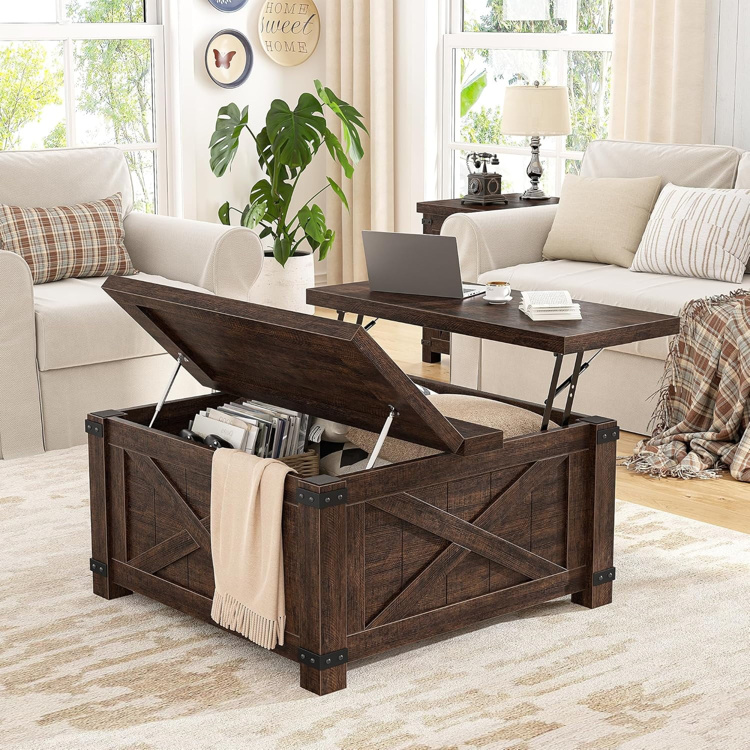 Farmhouse Coffee Table with Storage, 35.5" W Large Square Coffee Table ...