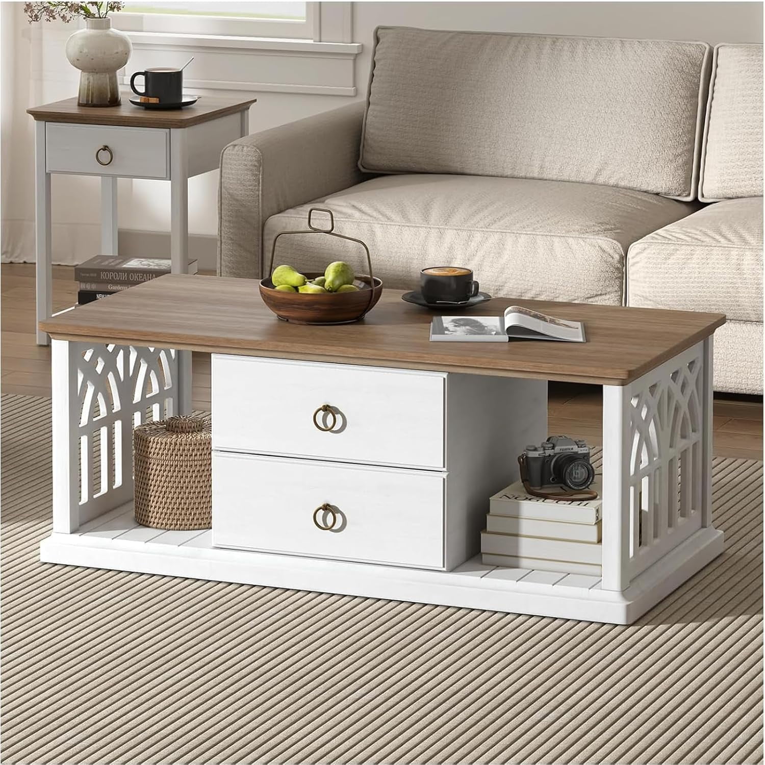 Farmhouse Coffee Table with Storage and Drawers, Rustic Rectangular ...