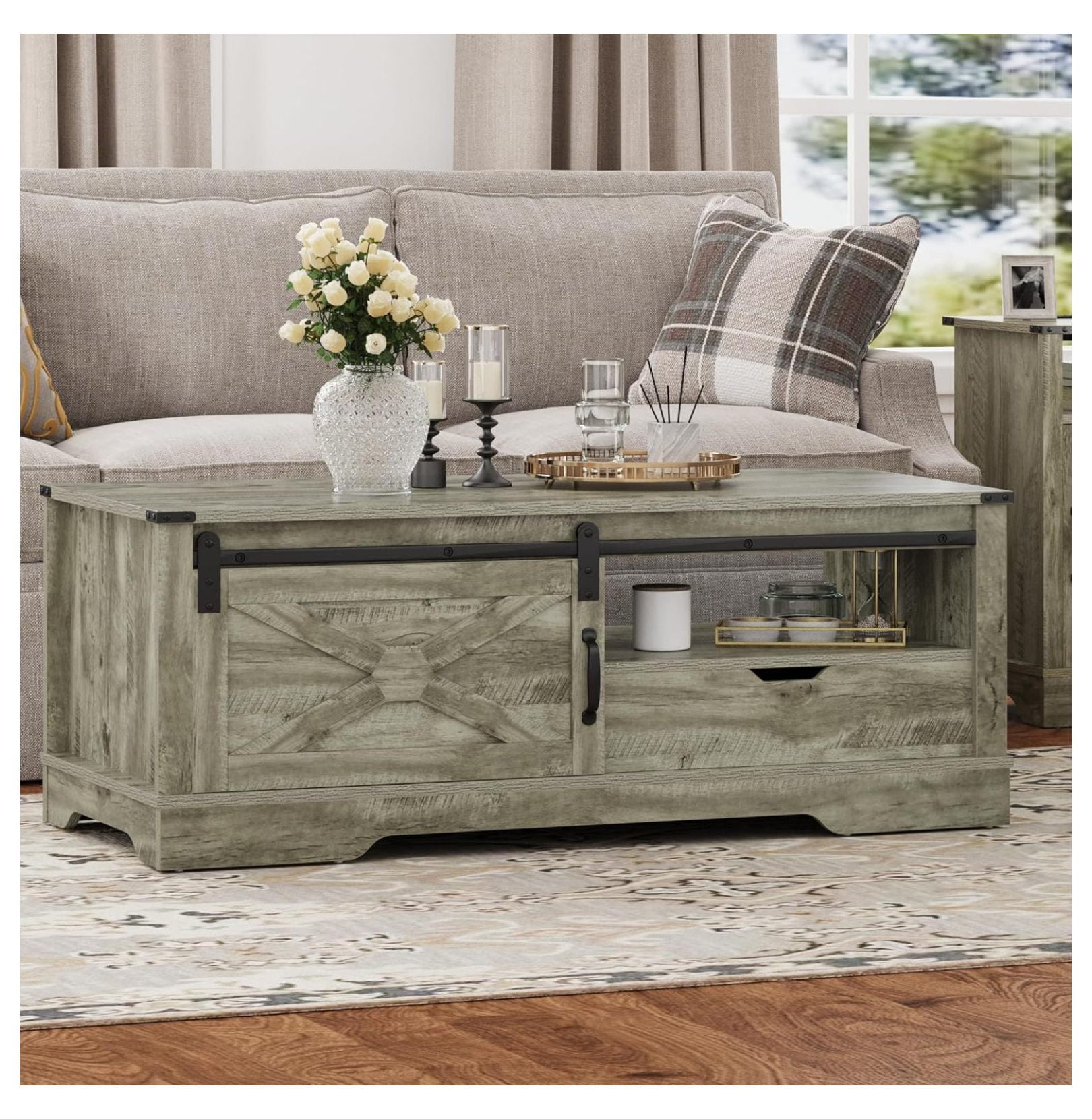 Farmhouse Coffee Table with Storage and Sliding Barn Door, '' Rustic ...