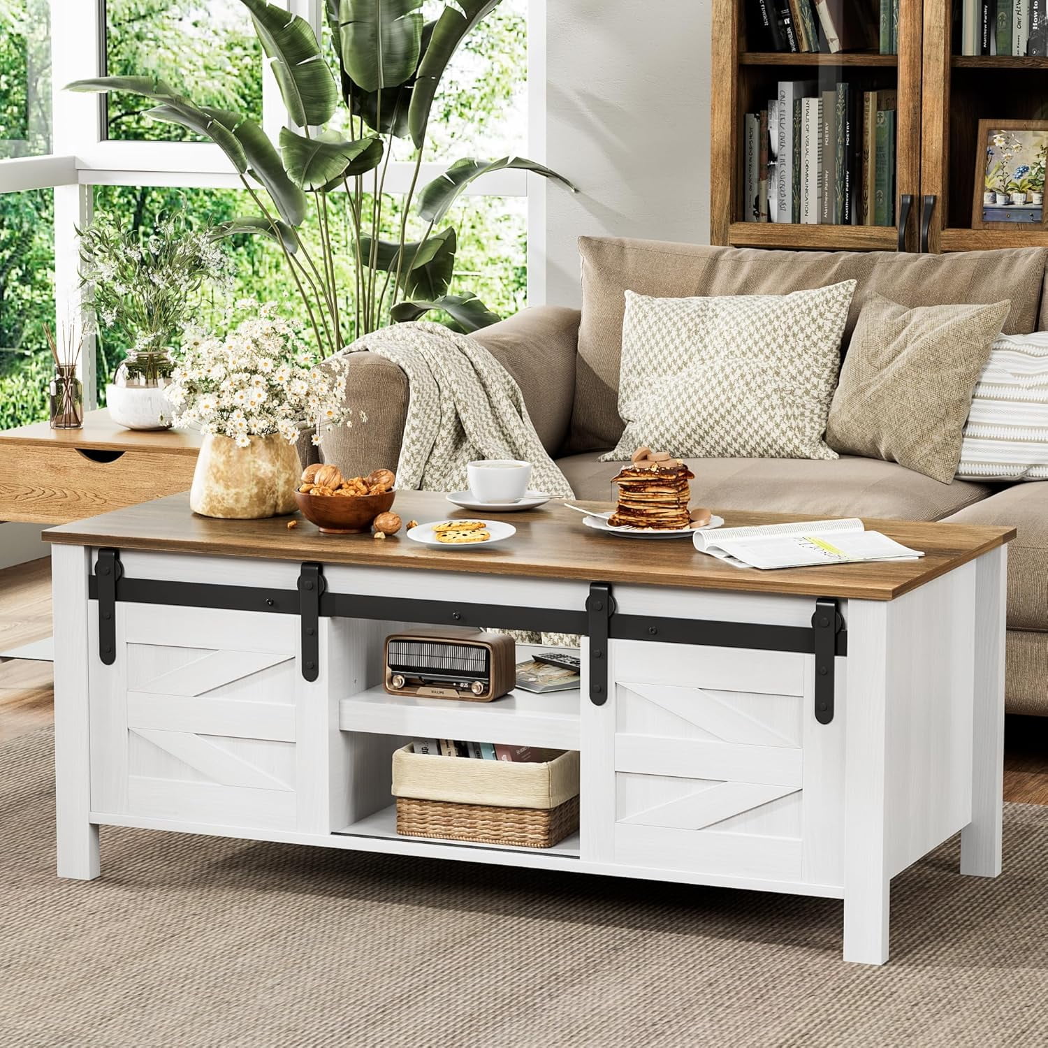 Farmhouse Coffee Table with Storage & Sliding Barn Doors, Modern Rustic ...