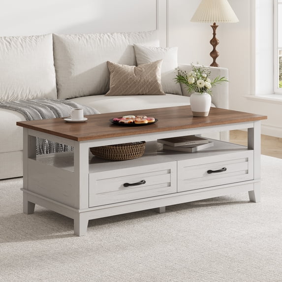 Farmhouse Coffee Table with Storage, Wood Coffee Table for Living Room ...