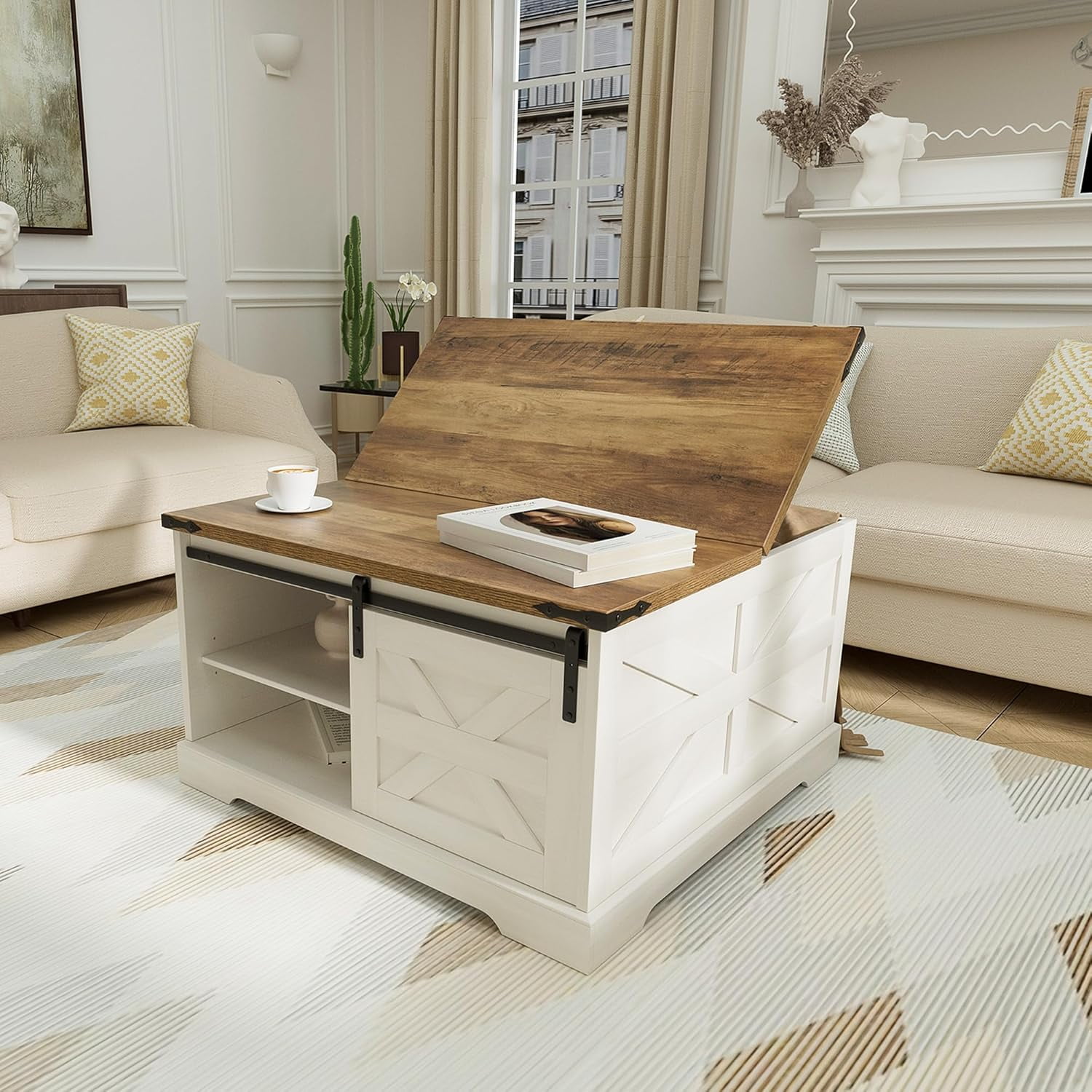 Farmhouse Coffee Table, Wood Square Coffee Tables with Flip-Top Lids ...
