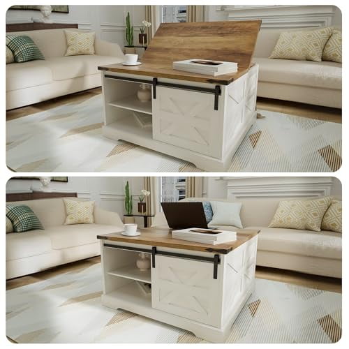 Farmhouse Coffee Table, Wood Square Coffee Tables with Flip-Top Lids ...