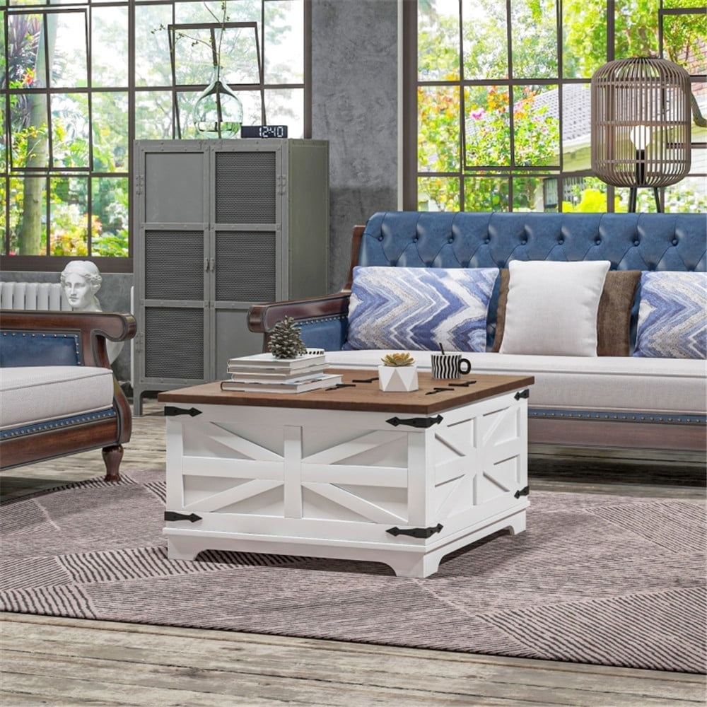 Farmhouse Coffee Table Wood Square Large Center Table with Hidden ...