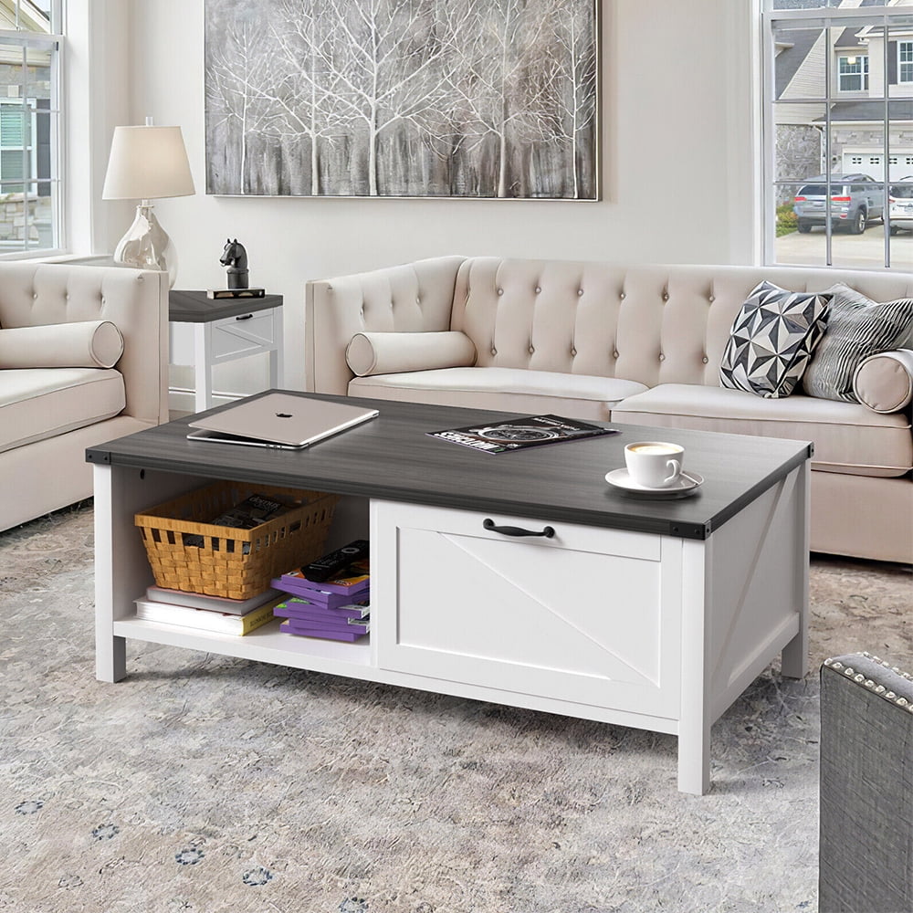 Farmhouse Coffee Table Wooden Cocktail Table,with Cabinets and 2-Tier ...