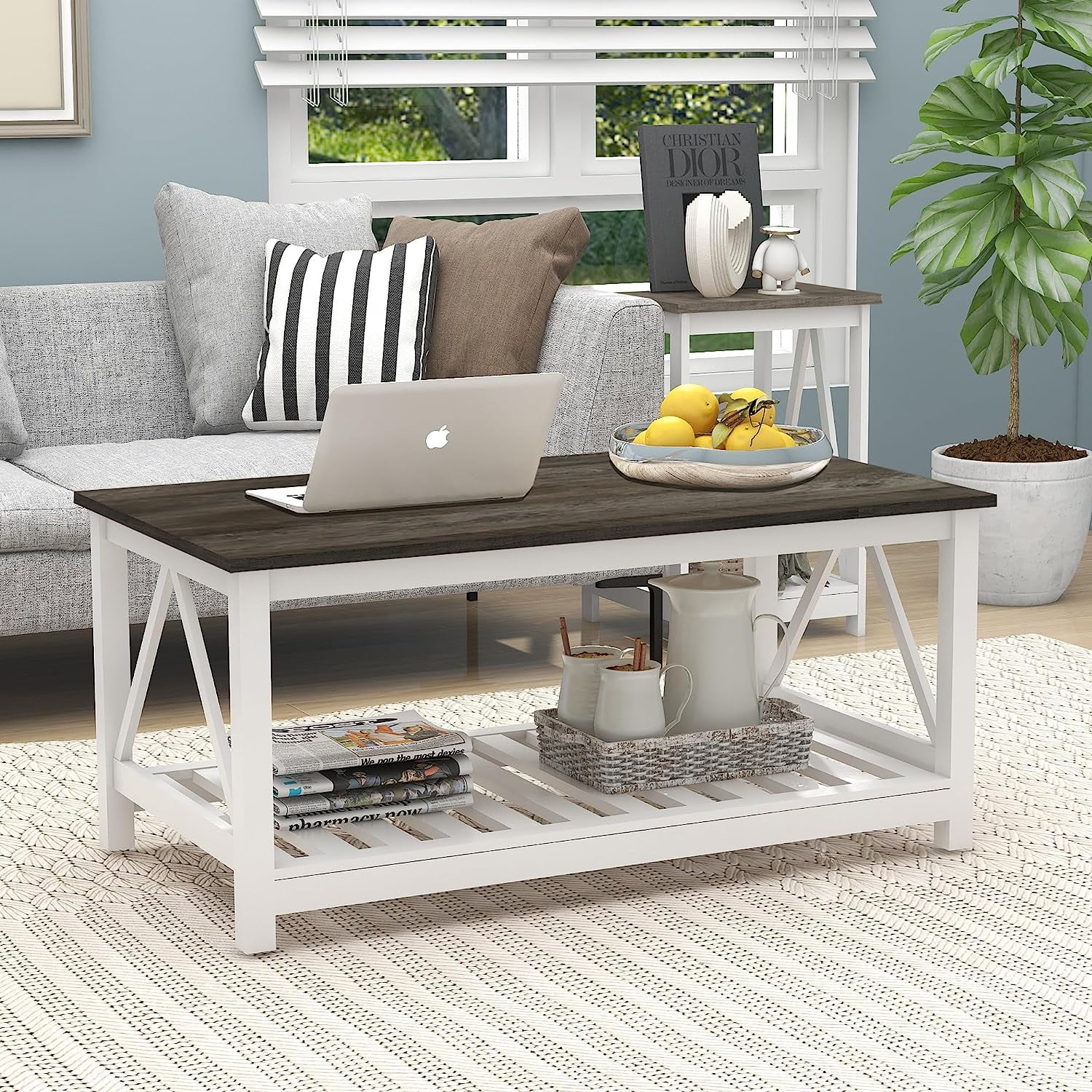 Farmhouse Coffee Table for Living Room, 2-Tier Rectangular Wooden ...