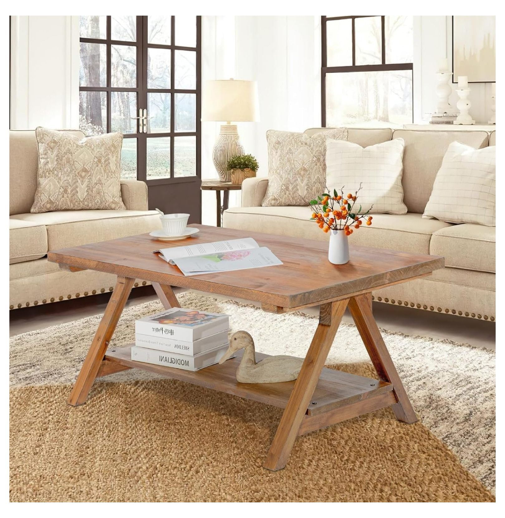 Farmhouse Coffee Table for Living Room, 2-Tier Solid Wood Coffee Table, Rustic Rectangular ...