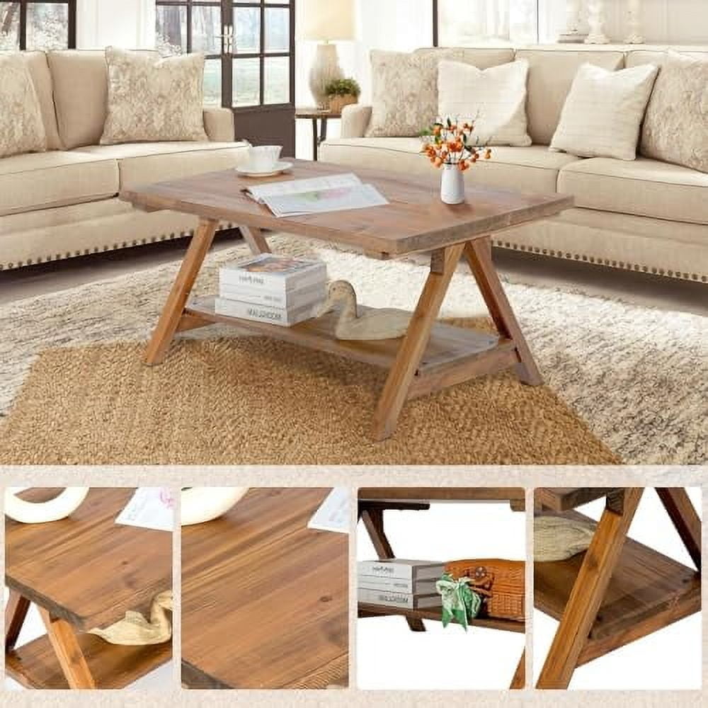 Farmhouse Coffee Table for Living Room, 2-Tier Solid Wood Coffee Table, Rustic Rectangular ...