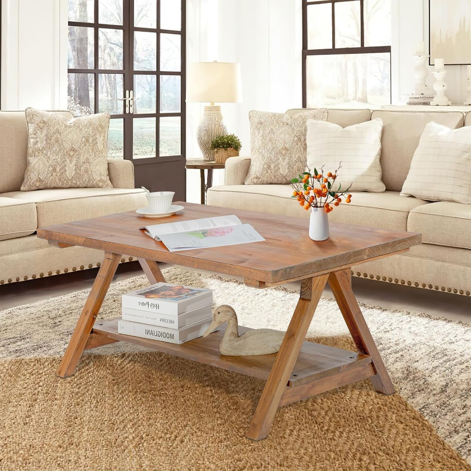 Farmhouse Coffee Table for Living Room, 2-Tier Solid Wood Coffee Table ...