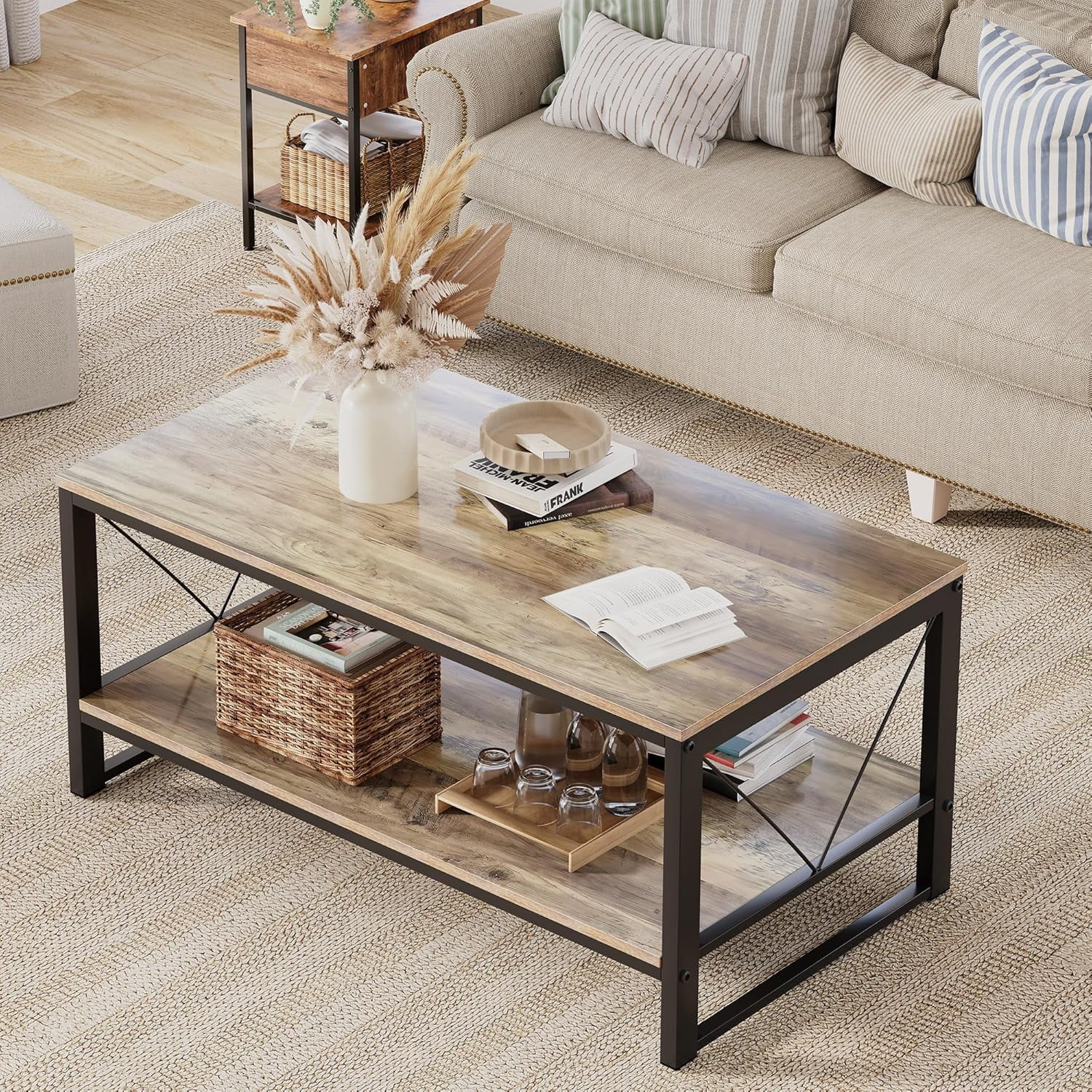 Farmhouse Coffee Table for Living Room, 39.3" Wooden Rectangle Center ...