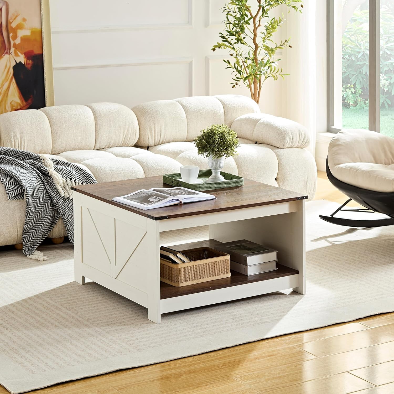 Farmhouse Coffee Table for Living Room, Wood Square Coffee Tables, 31.5 ...