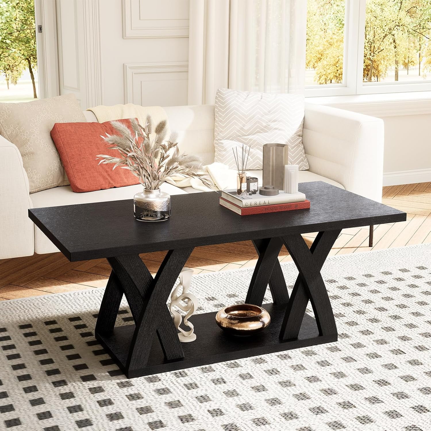 Farmhouse Coffee Table with Shelf, Mordern CoffeeTable, Black Coffee ...