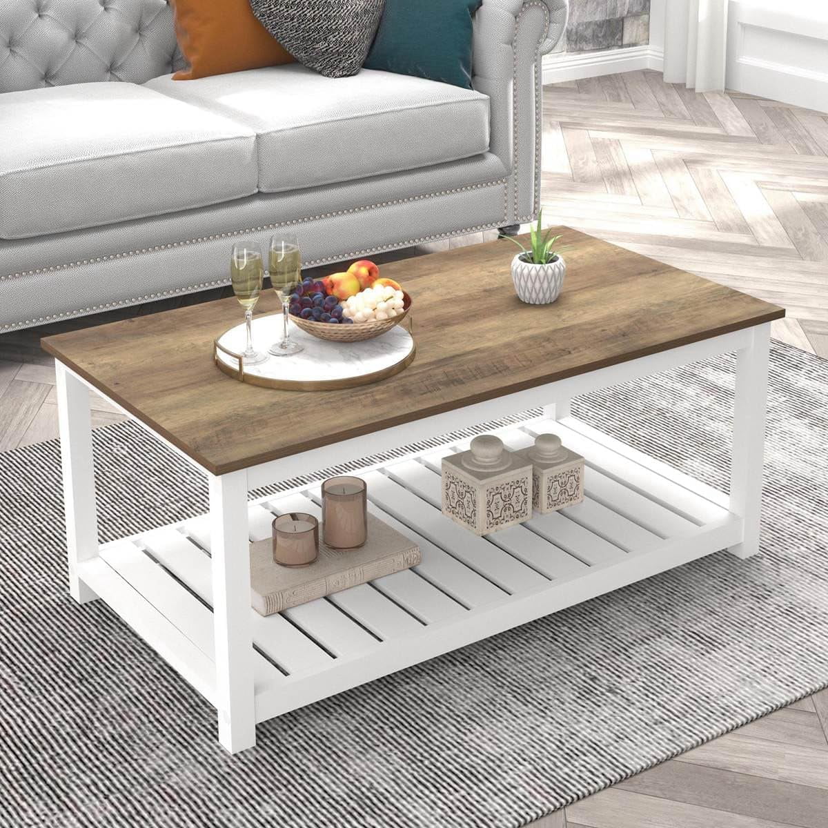 Farmhouse Coffee Table with Storage Shelf, Rustic Vintage Wood Cocktail ...