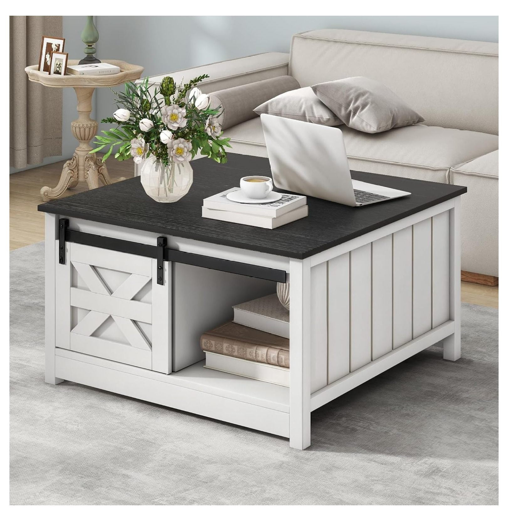 Farmhouse Coffee Table with Storage: Wooden Square Center Table with ...