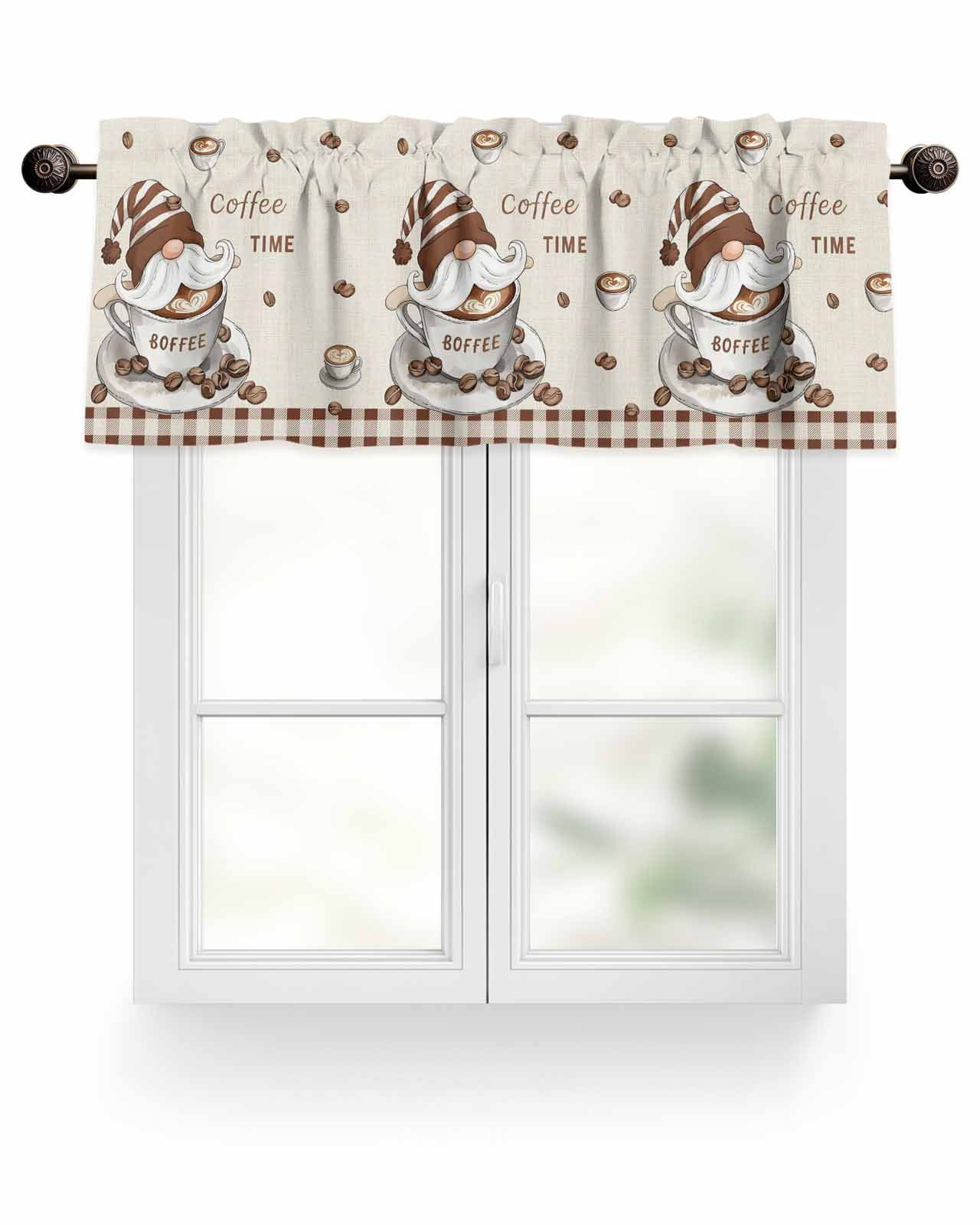 Farmhouse Coffee Valances for Windows Gnome Coffee Time Brown Linen ...