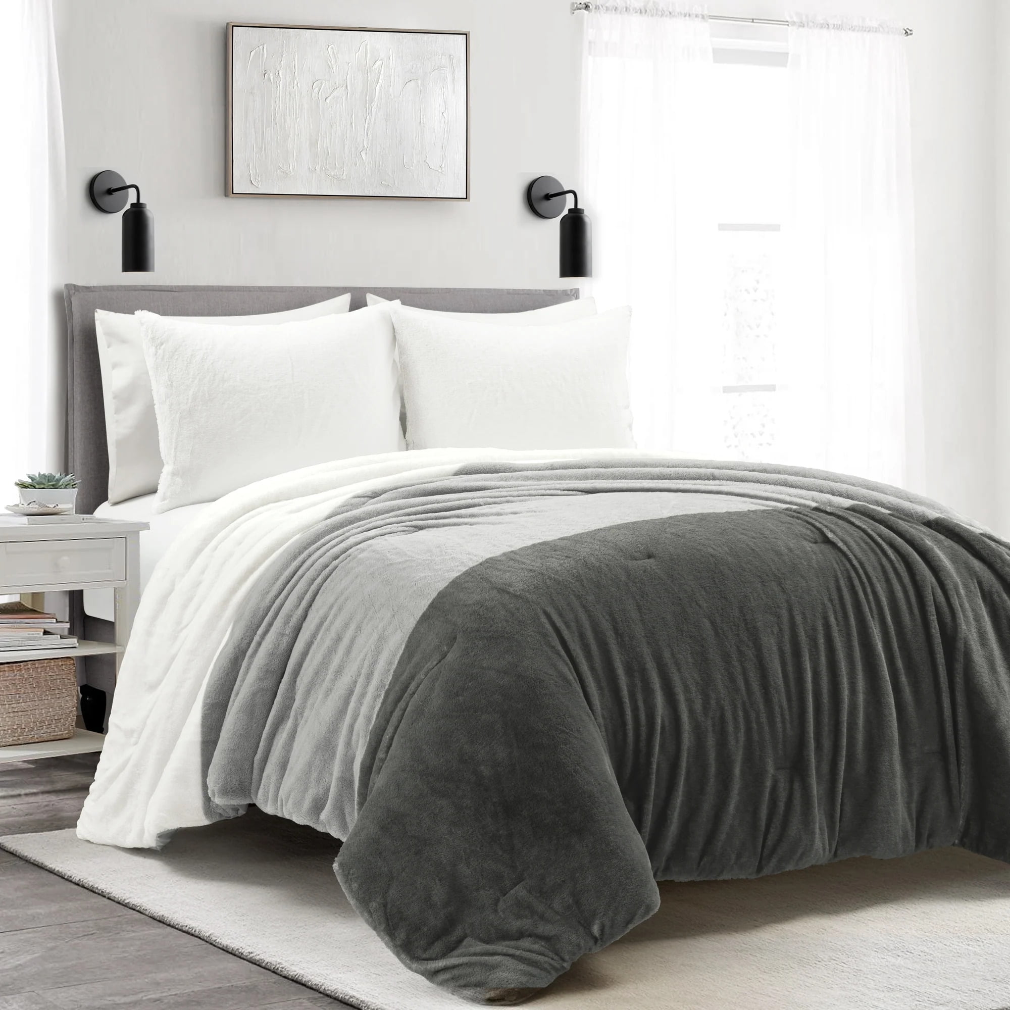 Farmhouse Color Block Ultra Soft Faux Fur All Season Comforter Light ...