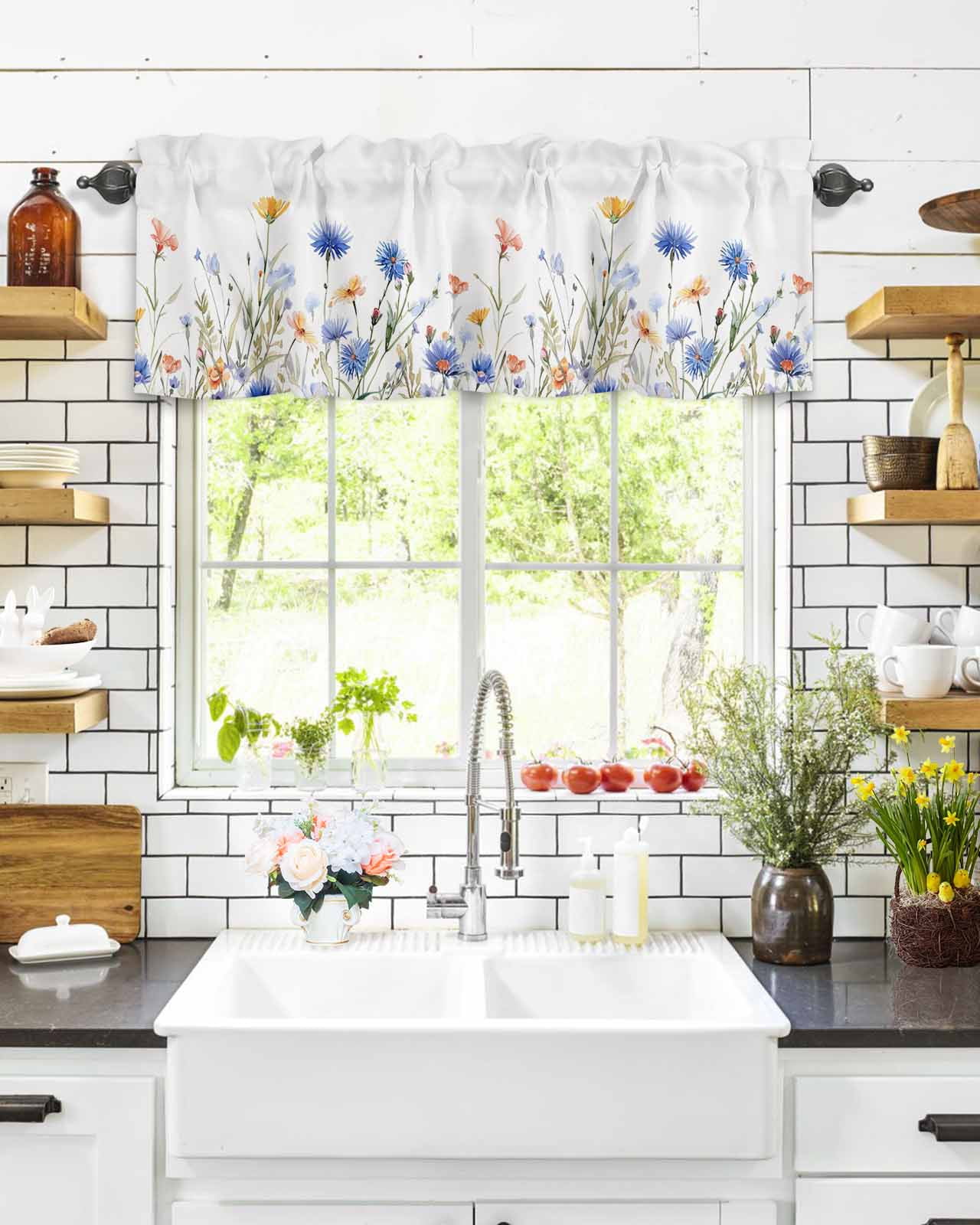 Farmhouse Colorful Blue Flowers Window Valances for Kitchen,Rod Pocket ...