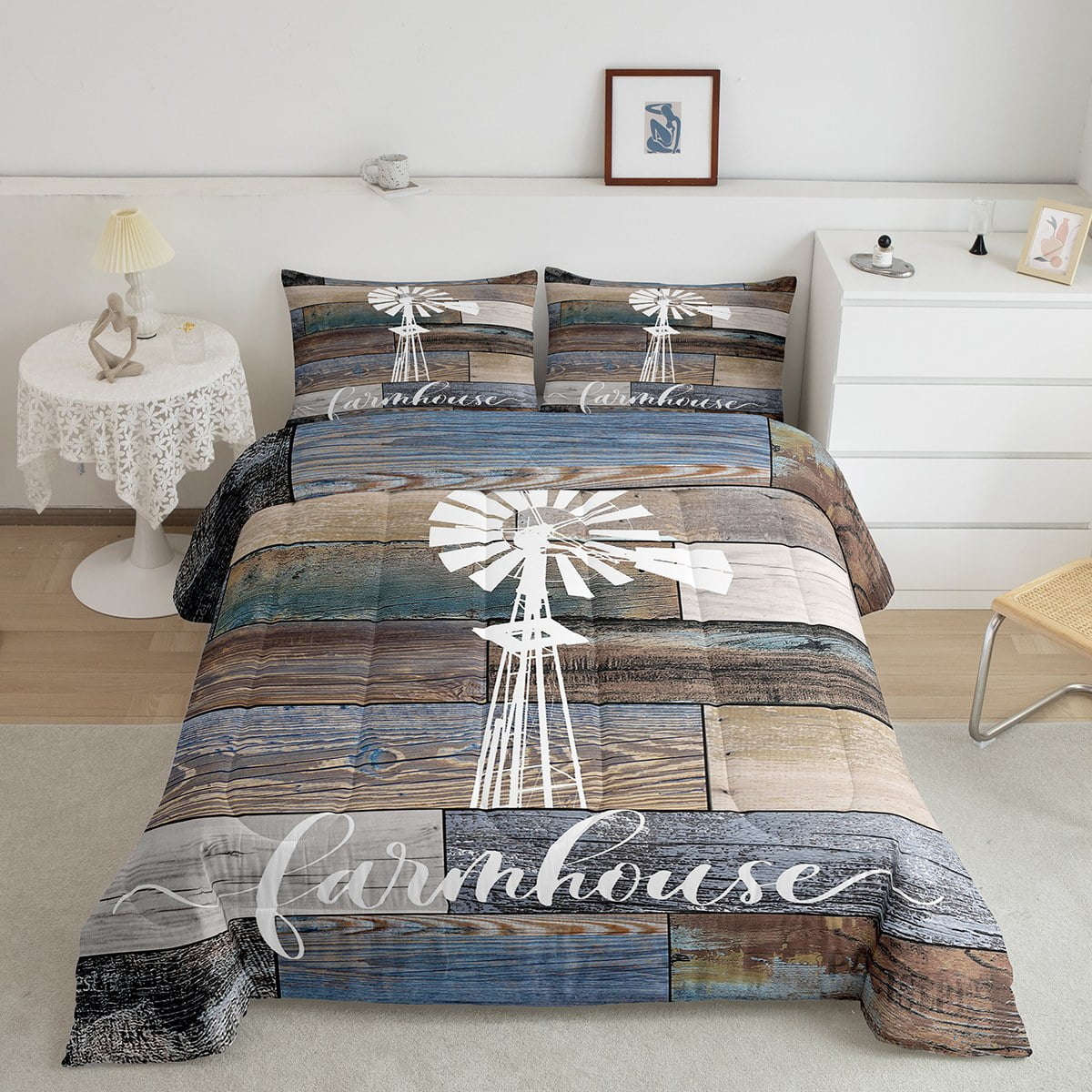 Farmhouse Comforter Set King Size, Windmill Bedding Set Western Country ...